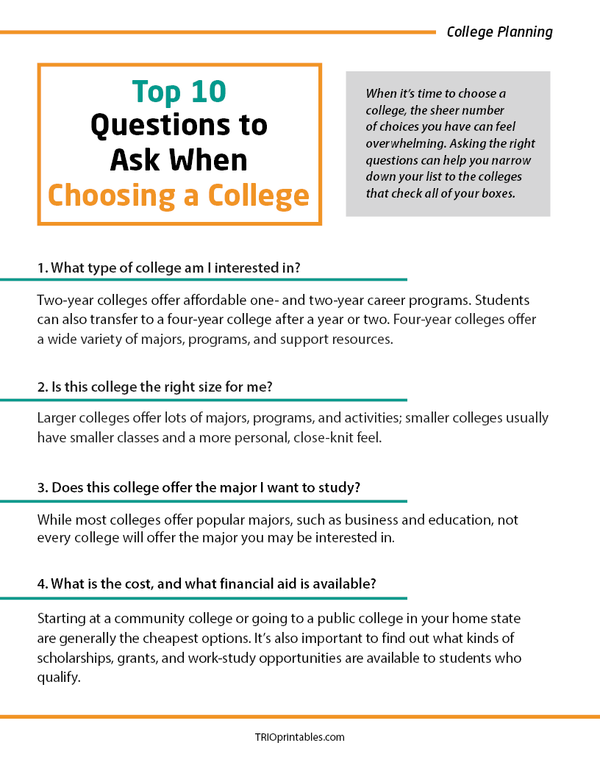 Top 10 Questions to Ask When Choosing a College Informational Sheet ...