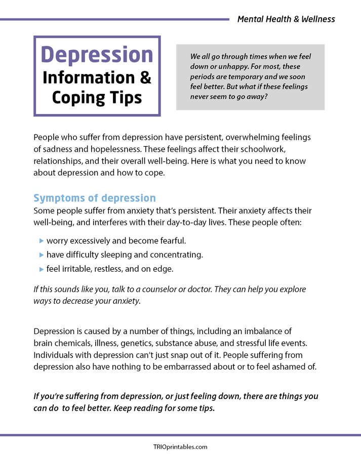Depression Information & Coping Tips Informational Sheet – TRIO Printables