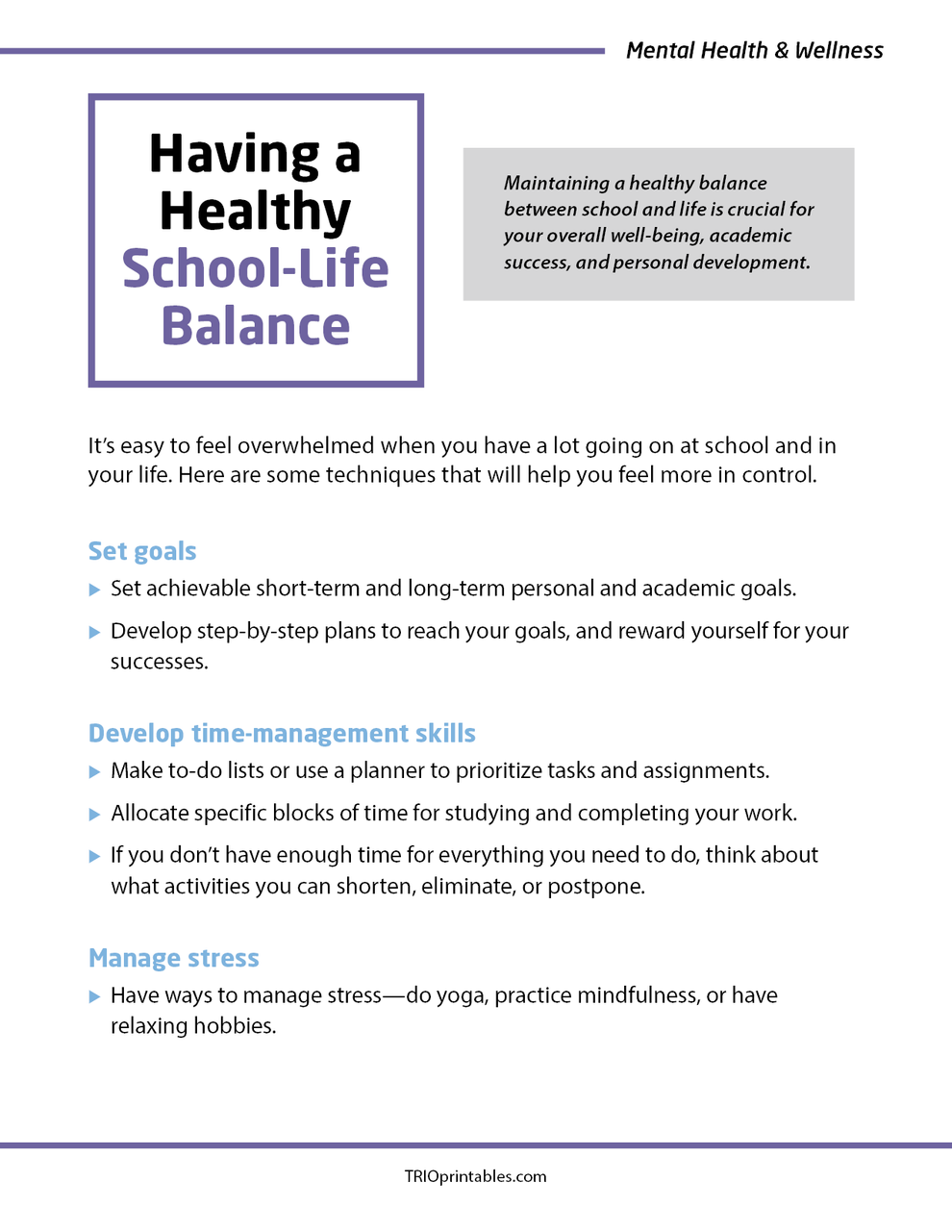Having a Healthy School-Life Balance Informational Sheet – TRIO Printables