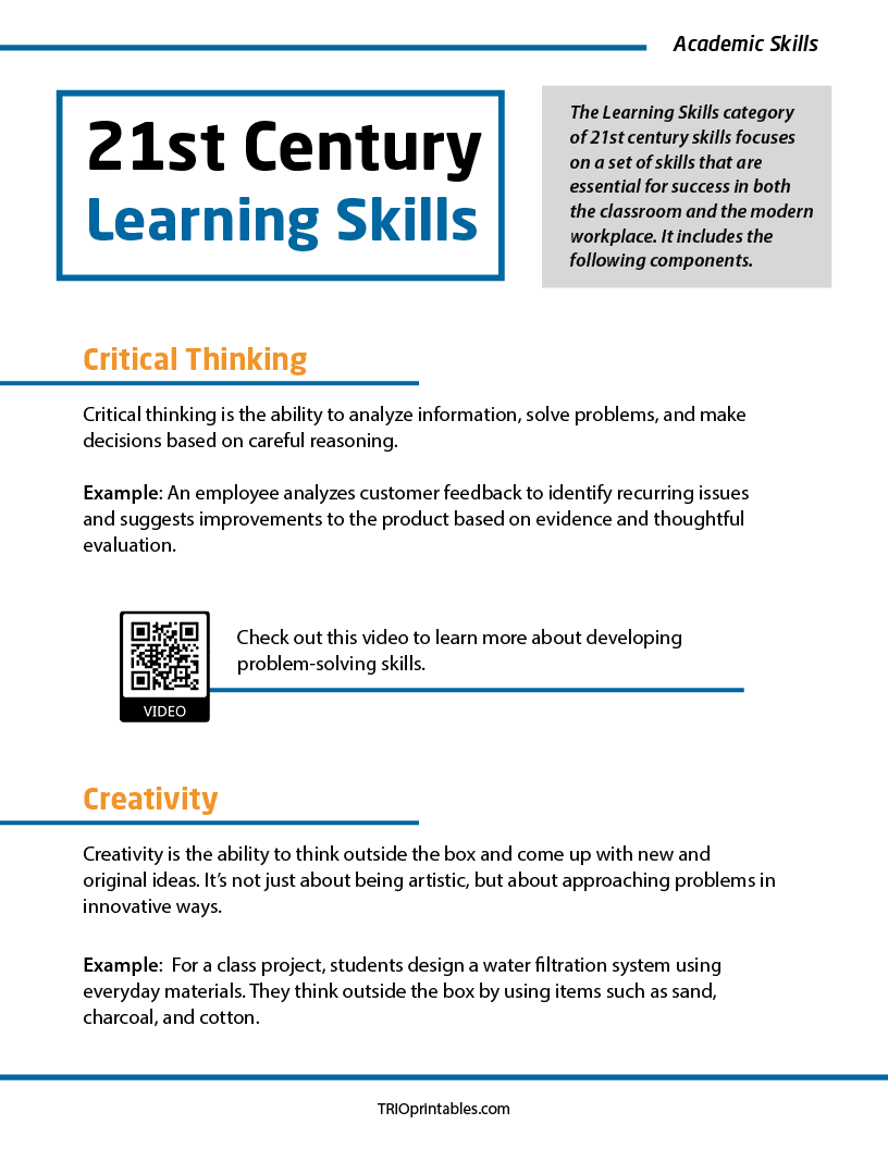 21st Century Learning Skills Informational Sheet – TRIO Printables