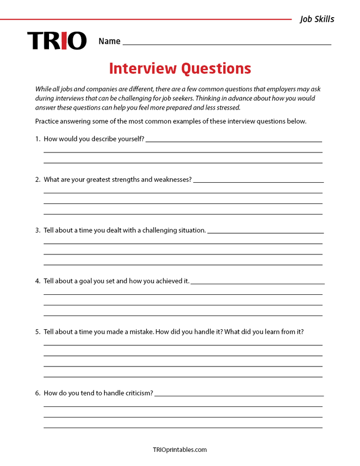 Interview Questions Activity Sheet – TRIO Printables