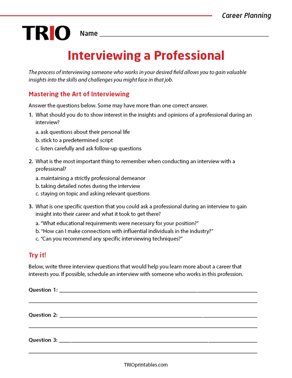 Interviewing a Professional Activity Sheet – TRIO Printables