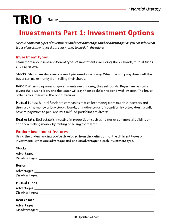 Investing Part 1: Investment Options Activity Sheet – TRIO Printables