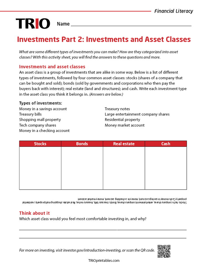 Investing Part 2: Investments and Asset Classes Activity Sheet – TRIO ...