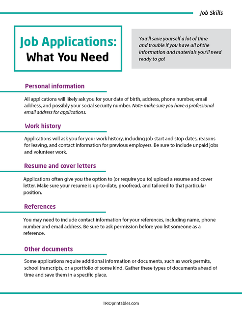 Job Applications: What You Need Informational Sheet – TRIO Printables