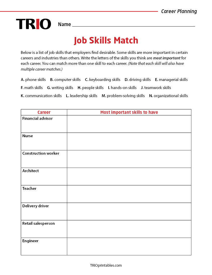 Job Skills Match Activity Sheet – TRIO Printables