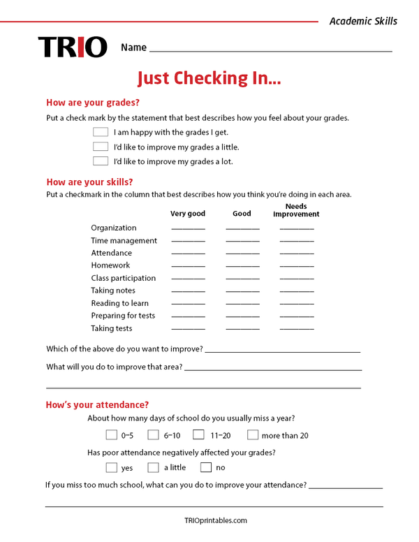 Just Checking In Activity Sheet – TRIO Printables