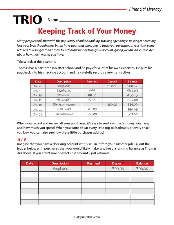 Keeping Track of Your Money Activity Sheet – TRIO Printables