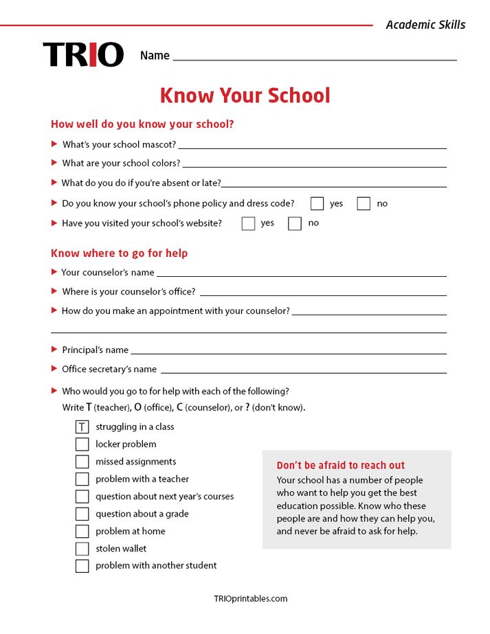 Know Your School Activity Sheet – TRIO Printables
