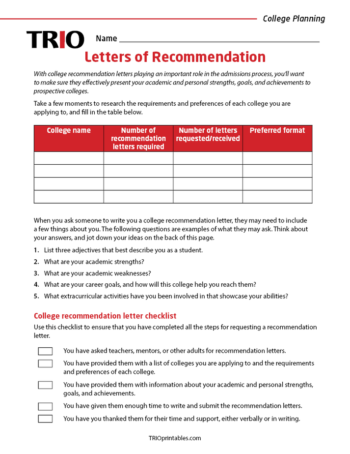 Letters of Recommendation Activity Sheet – TRIO Printables