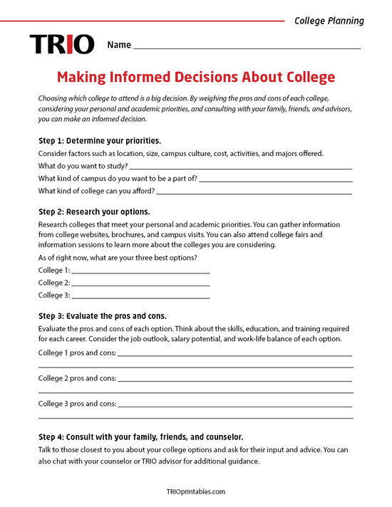 Making Informed Decisions About College Activity Sheet – TRIO Printables