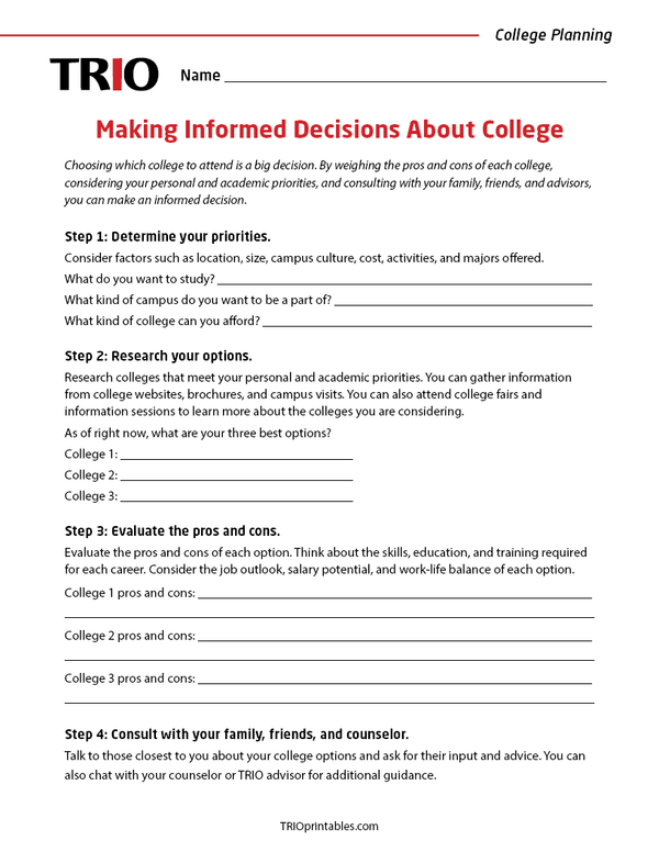 Making Informed Decisions About College Activity Sheet – TRIO Printables