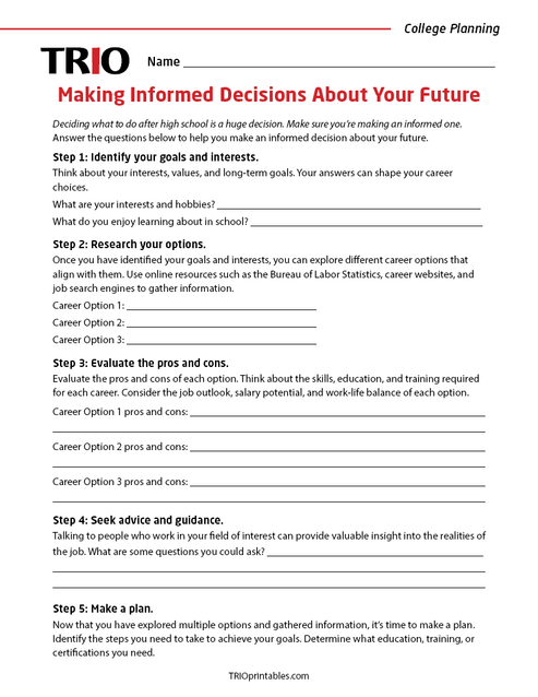 Making Informed Decisions About Your Future Activity Sheet – TRIO ...