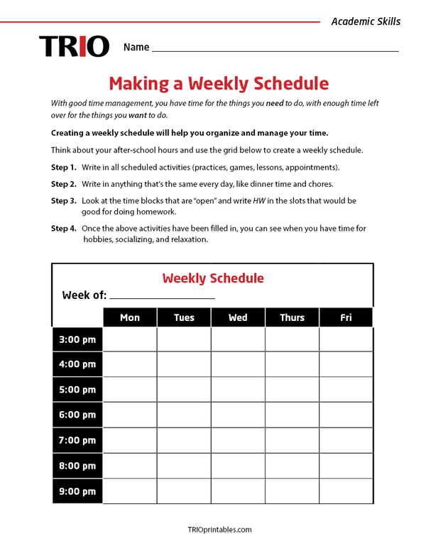 Making a Weekly Schedule Activity Sheet – TRIO Printables