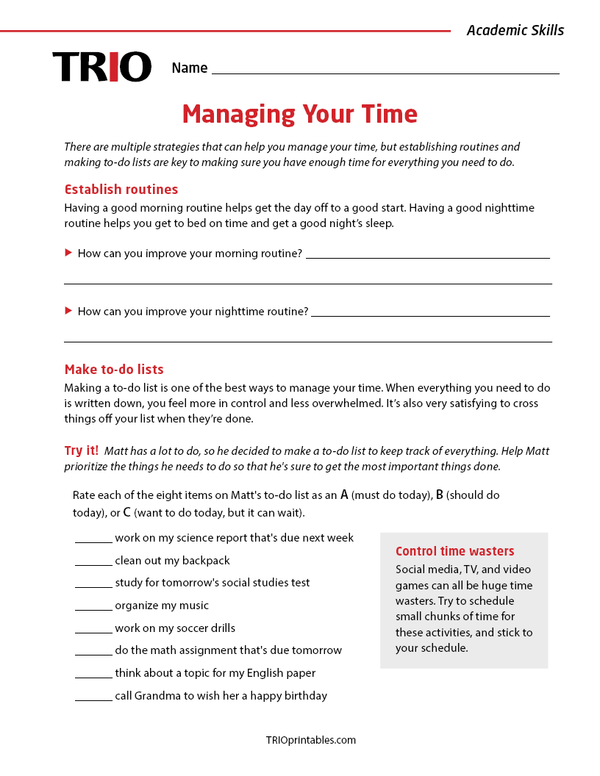 Managing Your Time Activity Sheet – TRIO Printables