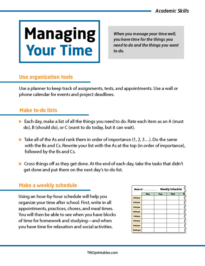 Managing Your Time Informational Sheet – TRIO Printables
