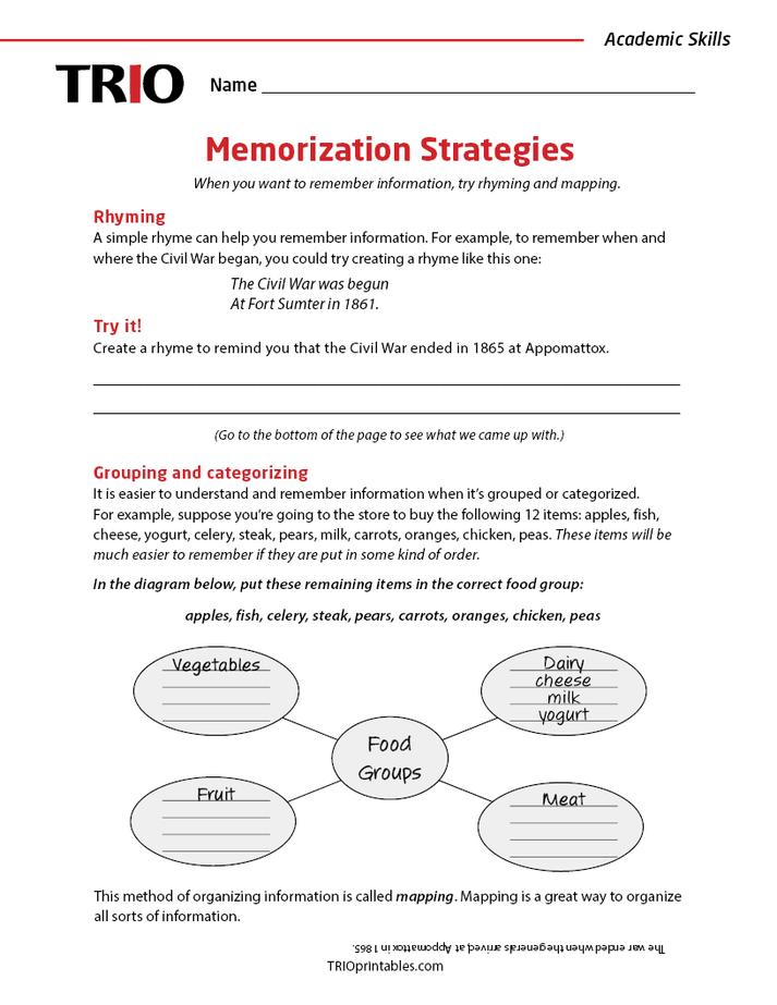 Memorization Strategies Activity Sheet – TRIO Printables