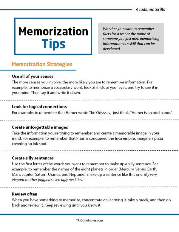 Memorization Tips Informational Sheet – TRIO Printables