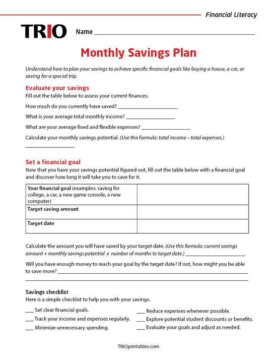 Monthly Savings Plan Activity Sheet – TRIO Printables
