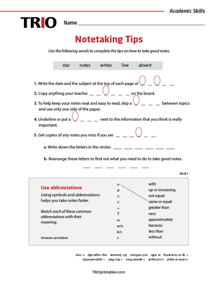 Notetaking Tips Activity Sheet – TRIO Printables