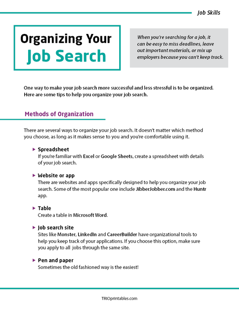 Organizing Your Job Search Informational Sheet – TRIO Printables