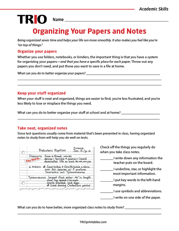Organizing Your Papers and Notes Activity Sheet – TRIO Printables