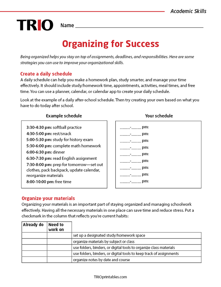 Organizing for Success Activity Sheet – TRIO Printables