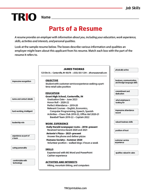 Parts of a Resume Activity Sheet – TRIO Printables