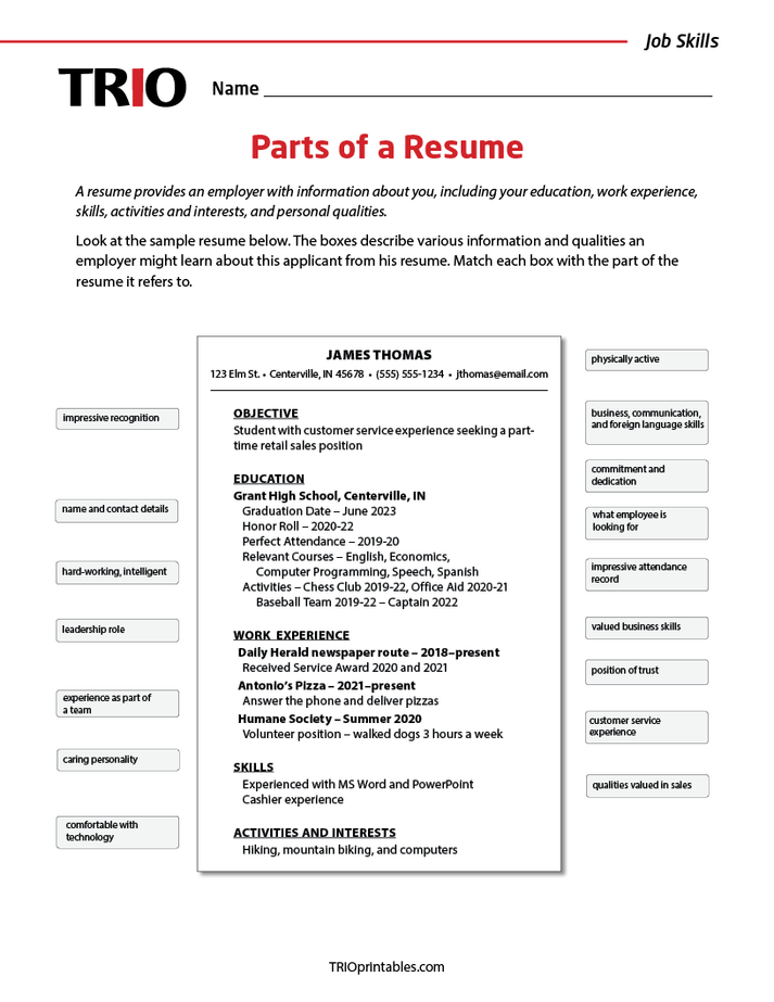 Parts of a Resume Activity Sheet – TRIO Printables