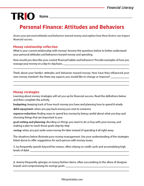 Personal Finance: Attitudes and Behaviors Activity Sheet – TRIO Printables