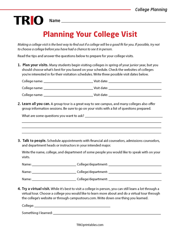 Planning Your College Visit Activity Sheet – TRIO Printables