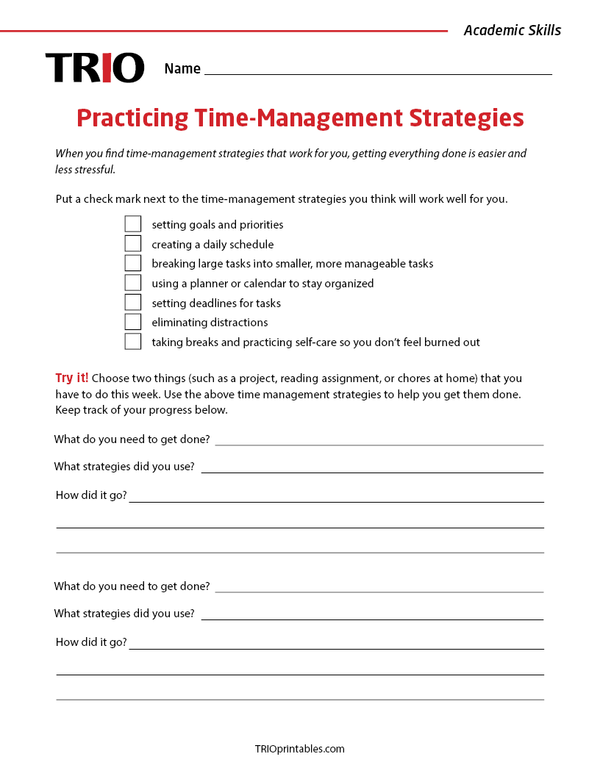 Practicing Time-Management Strategies Activity Sheet – TRIO Printables