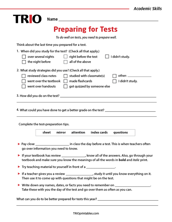 Preparing for Tests Activity Sheet – TRIO Printables