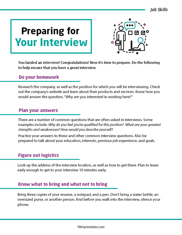 Preparing for Your Interview Informational Sheet – TRIO Printables