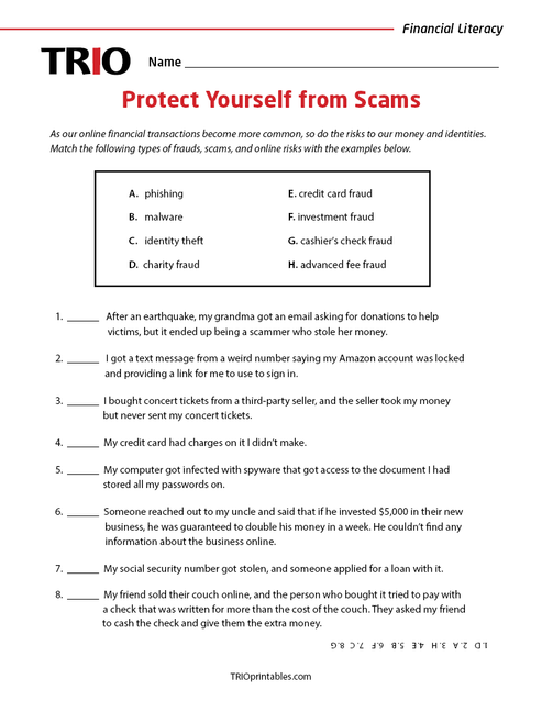 Protect Yourself from Scams Activity Sheet – TRIO Printables