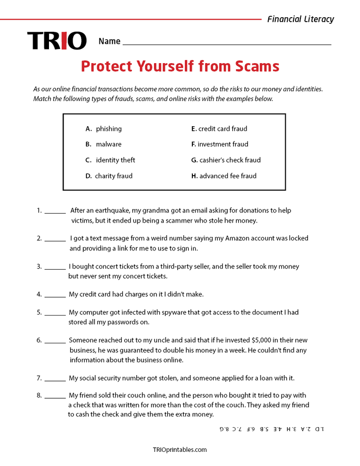 Protect Yourself from Scams Activity Sheet – TRIO Printables