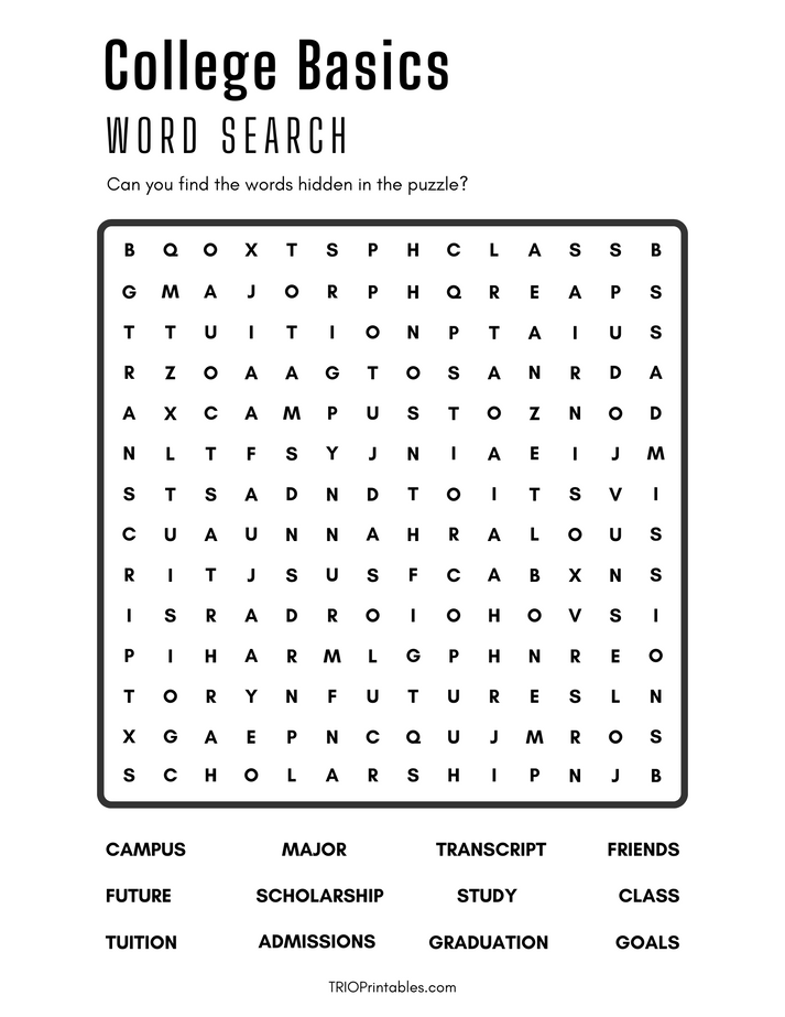 College Basics Word Search Puzzle – TRIO Printables