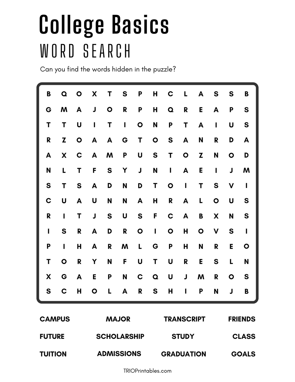 College Basics Word Search Puzzle – TRIO Printables