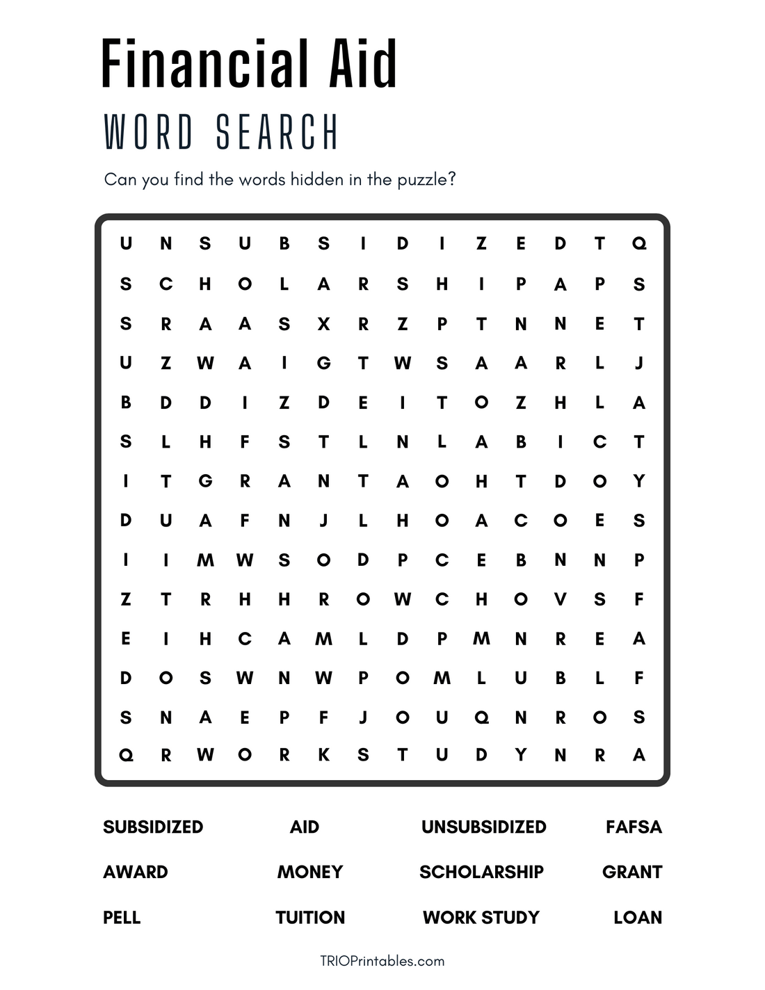 Financial Aid Word Search Puzzle – TRIO Printables