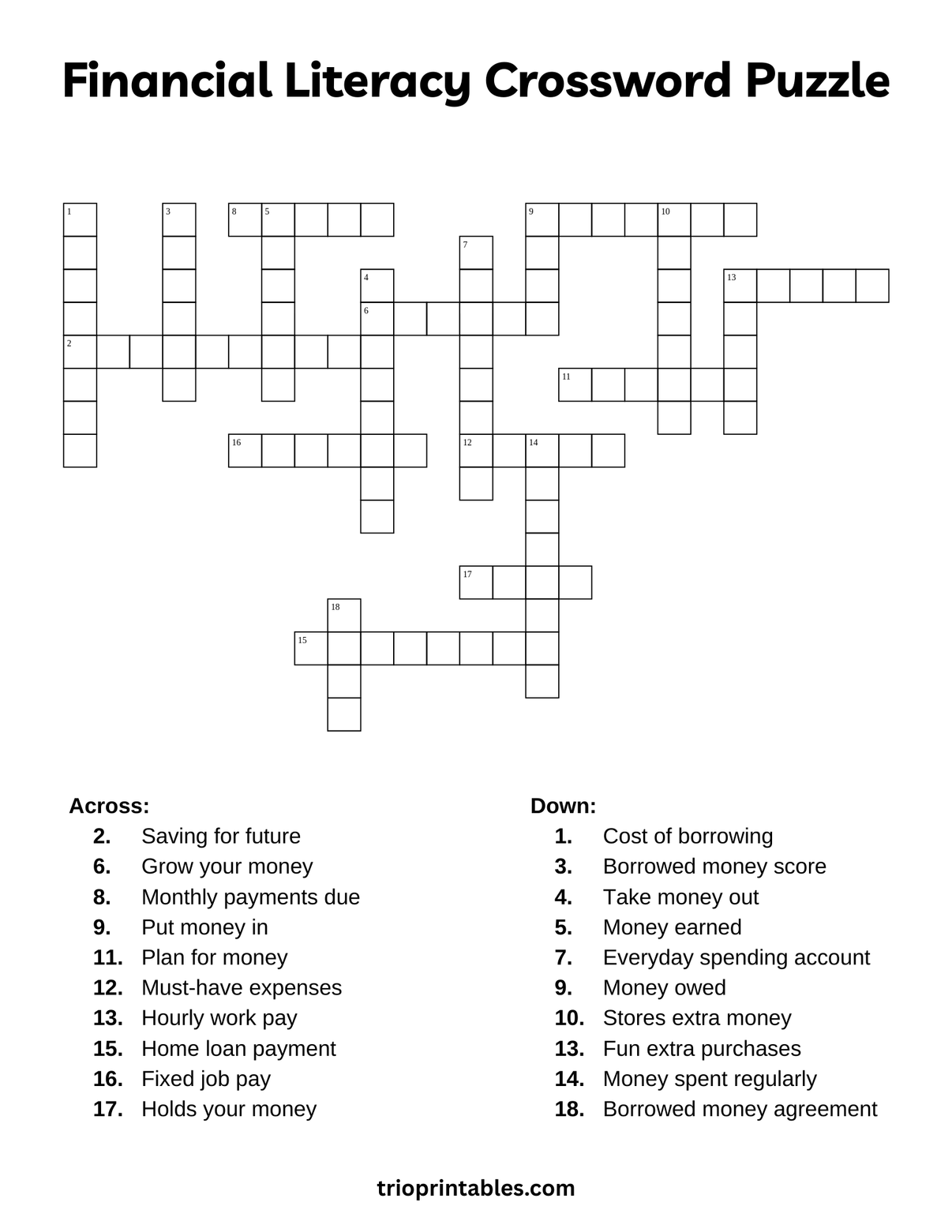 Financial Literacy Crossword Puzzle – TRIO Printables