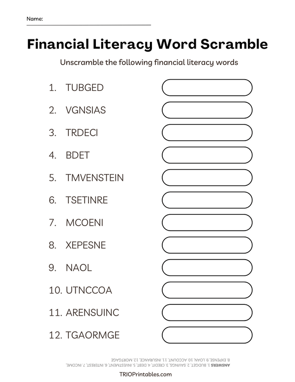 Financial Literacy Word Scramble Puzzle – TRIO Printables