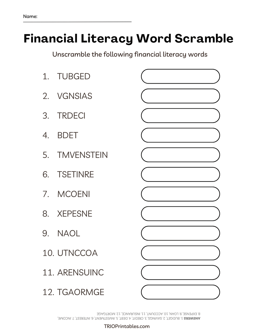 Financial Literacy Word Scramble Puzzle – TRIO Printables