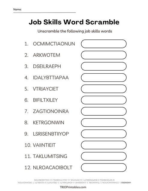 Job Skills Word Scramble Puzzle – TRIO Printables