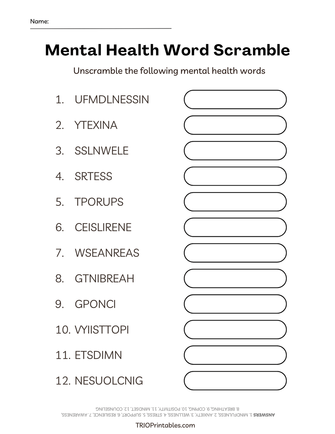 Mental Health Word Scramble Puzzle – TRIO Printables
