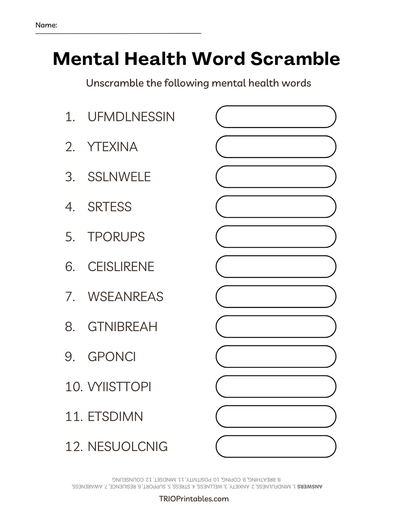 Mental Health Word Scramble Puzzle – TRIO Printables