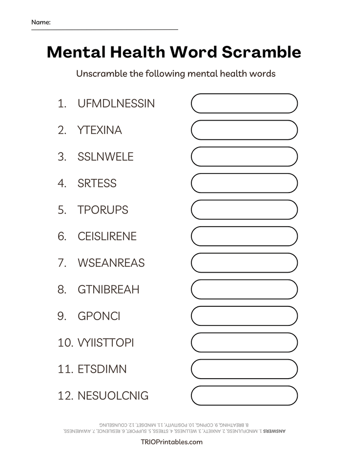 Mental Health Word Scramble Puzzle – TRIO Printables