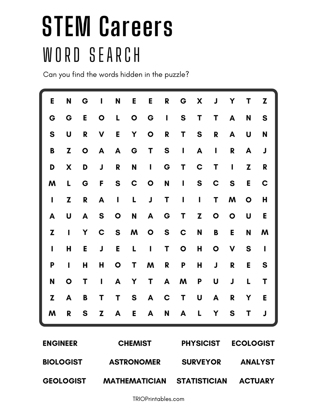 STEM Careers Word Search Puzzle – TRIO Printables