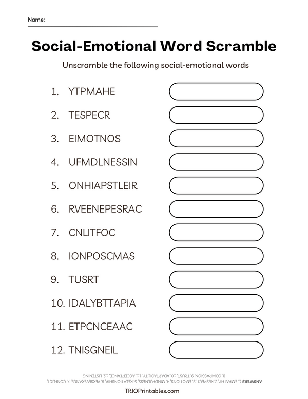 Social-Emotional Word Scramble Puzzle – TRIO Printables