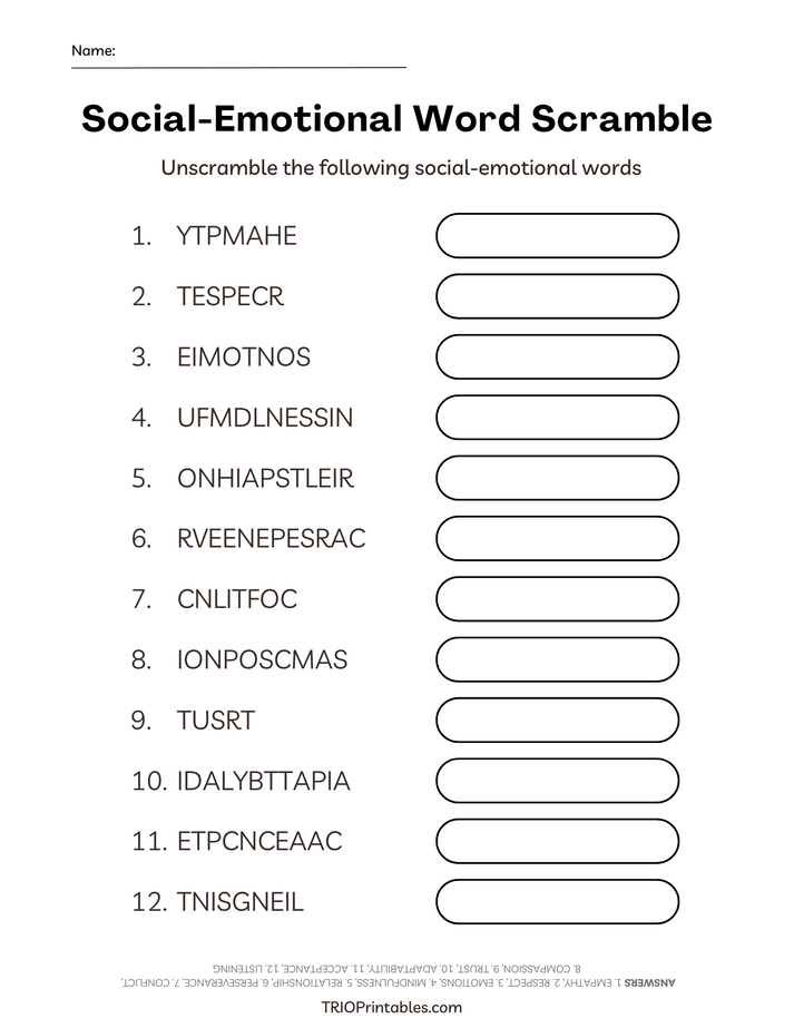 Social-Emotional Word Scramble Puzzle – TRIO Printables