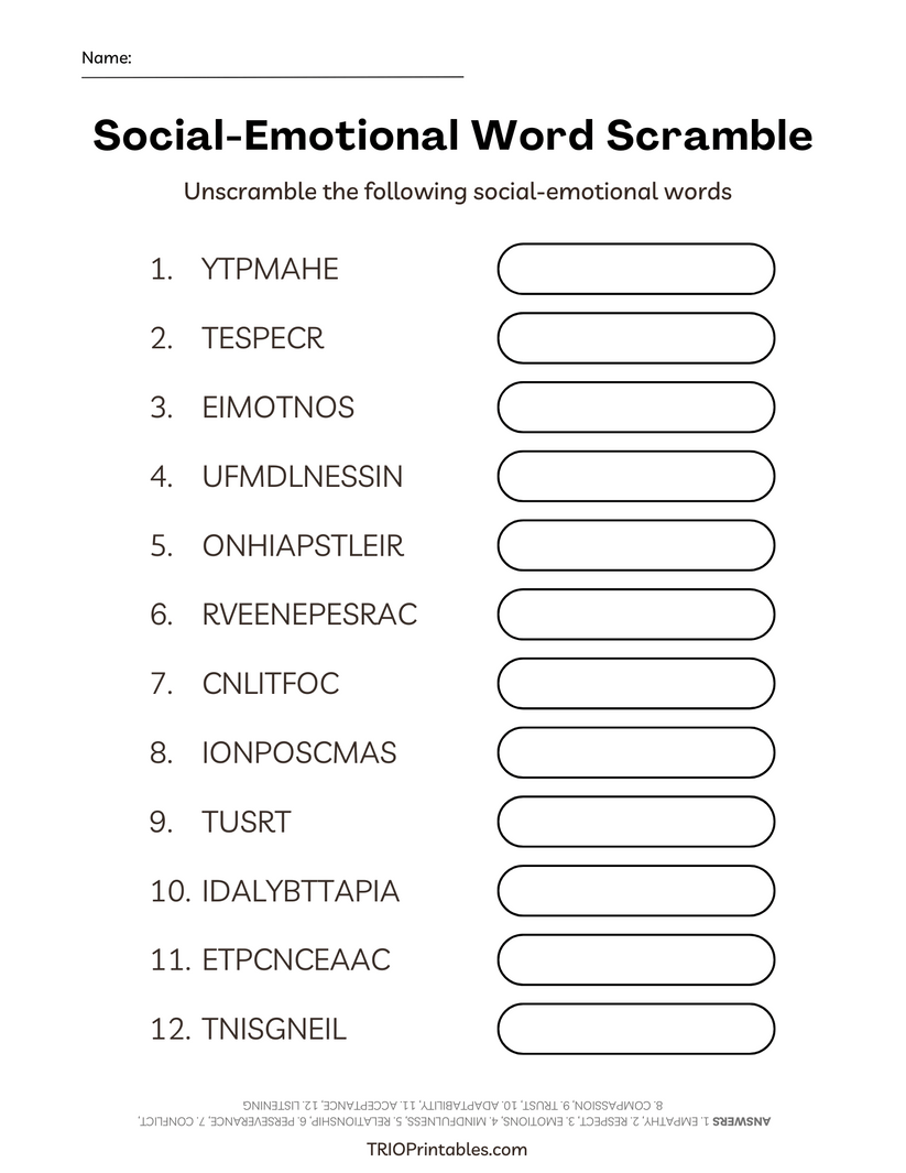 Social-Emotional Word Scramble Puzzle – TRIO Printables